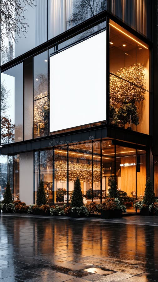 Modern Building with Large Glass Windows and Elegant Interior Lighting ...