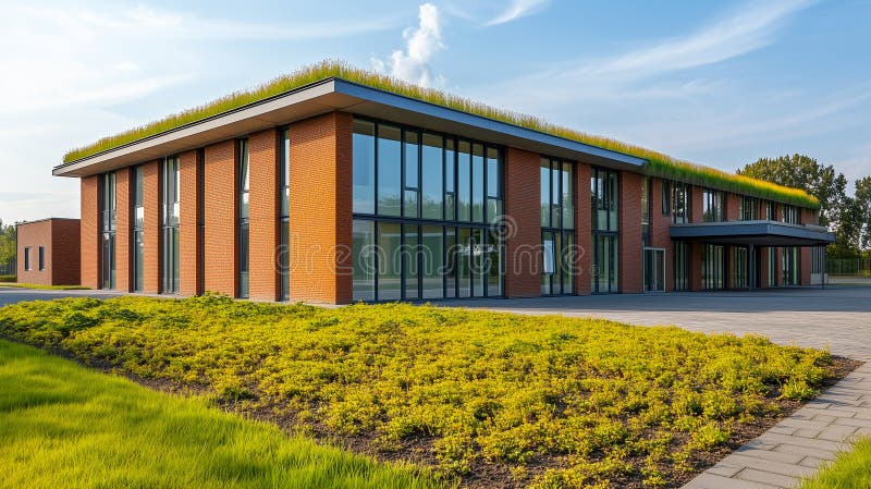 Modern Building with Large Glass Windows and Red Brick Exterior ...