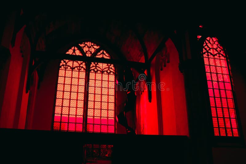Modern Building with Large Windows and Decorations with Red Neon Light ...