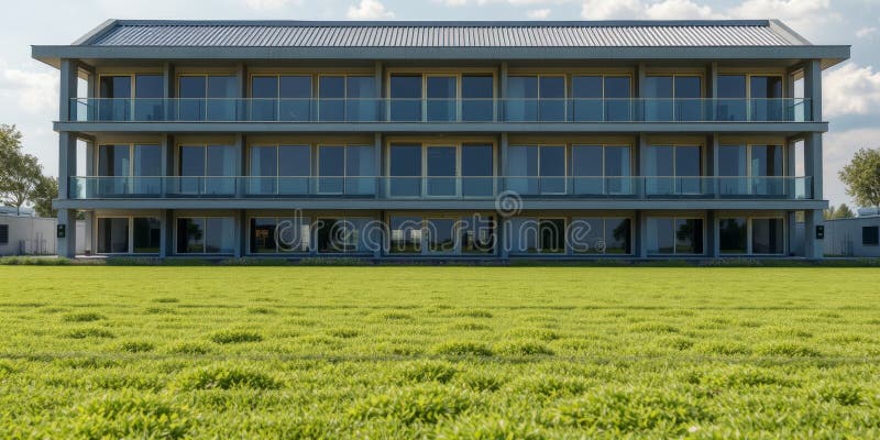 Modern Building with Large Windows and a Grassy Lawn Stock Illustration ...