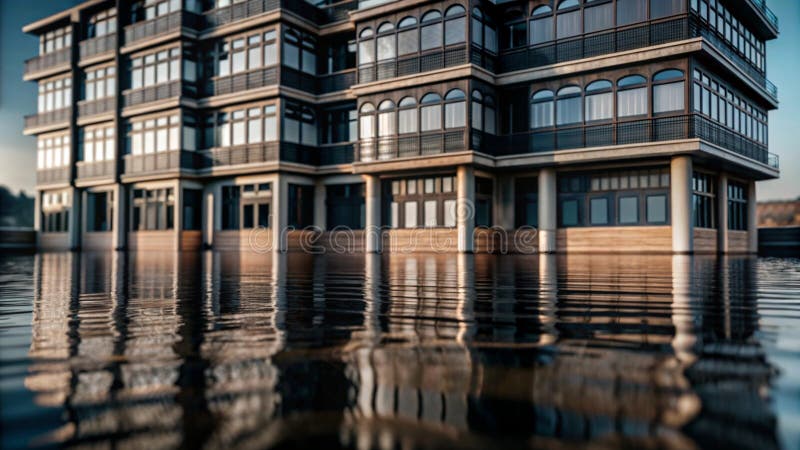 A Modern Building with Large Windows Reflects in the Water Stock ...
