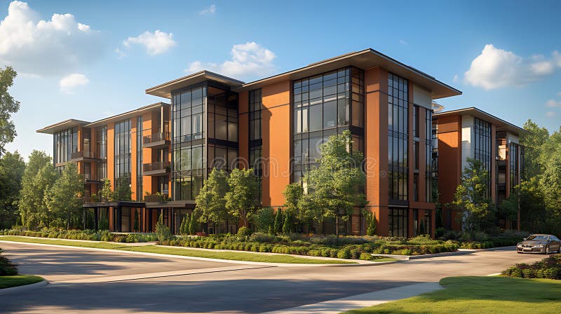 Modern Building with Large Windows, Surrounded by Trees and a Paved ...