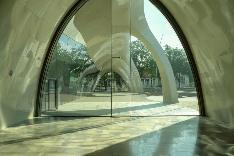 Modern Building Lobby with Arched Glass Windows Reflecting Sunlight ...