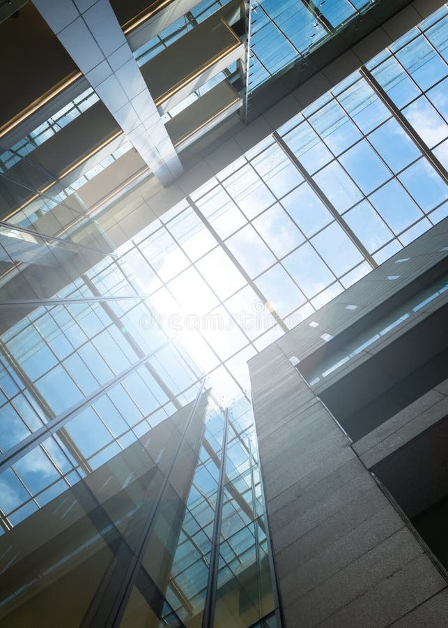 Modern Building, Low Angle Shot with Sky View and Sun Flares Stock ...