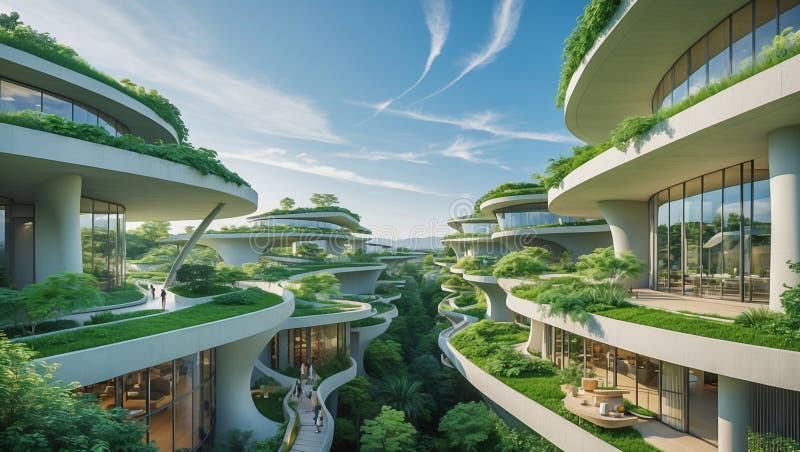 Modern Building with Lush Greenery Terraces and Pathways Stock ...
