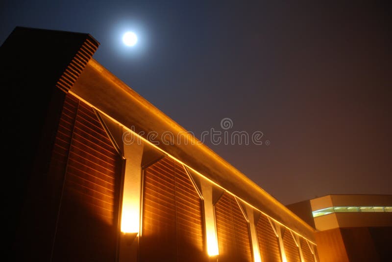 Modern Building in Moonlight and Fog Stock Image - Image of night ...