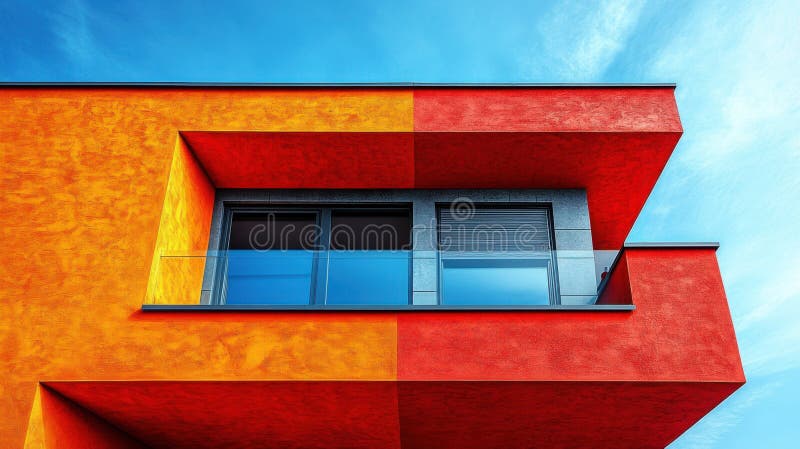 Modern Building with Orange and Red Facade and Blue Balcony Stock Photo ...