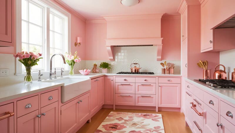 Modern Building Pink Kitchen Interior Stock Illustration - Illustration ...