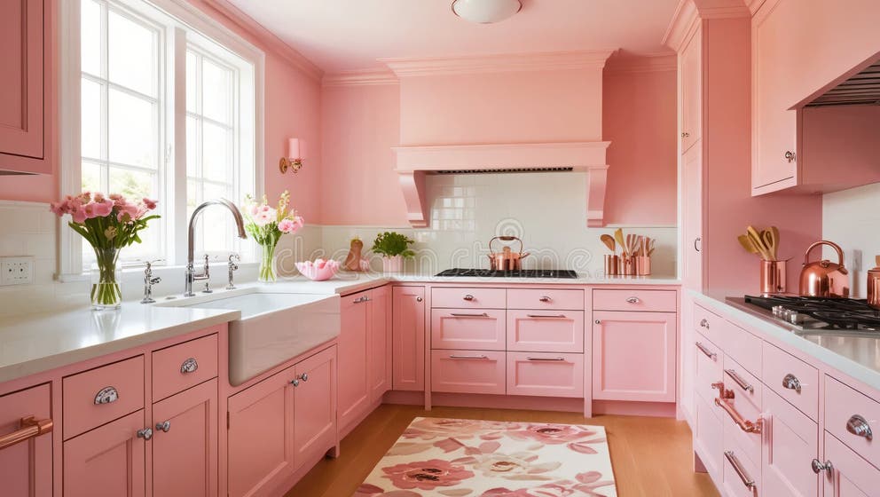 Modern Building Pink Kitchen Interior Stock Illustration - Illustration ...