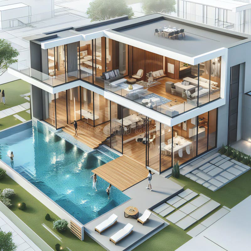 Modern Building Plan with Swimming Pool and Open Space. Stock ...