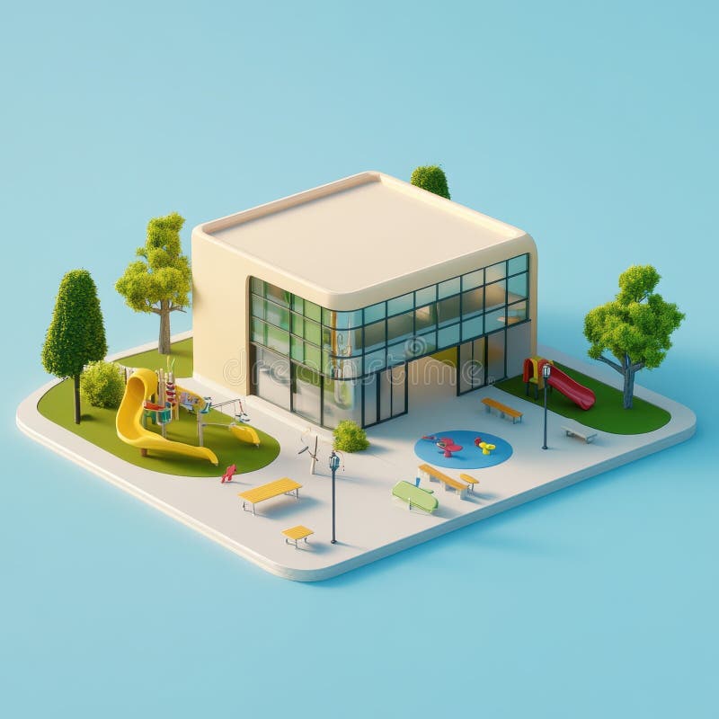 A Modern Building with a Playground and Green Space for Community ...