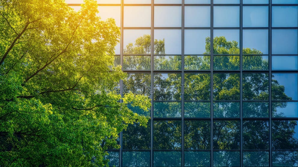 Modern Building Reflecting Greenery, Showcasing Environmental Harmony ...