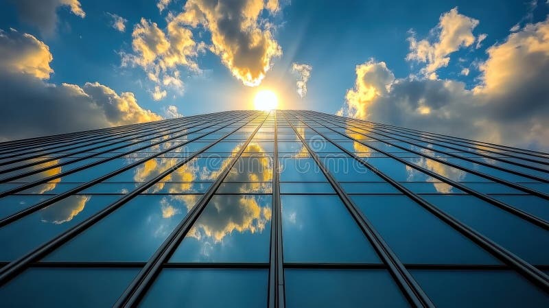 Modern Building Reflecting Sunset Sky, Solar Panels and Clean Energy ...