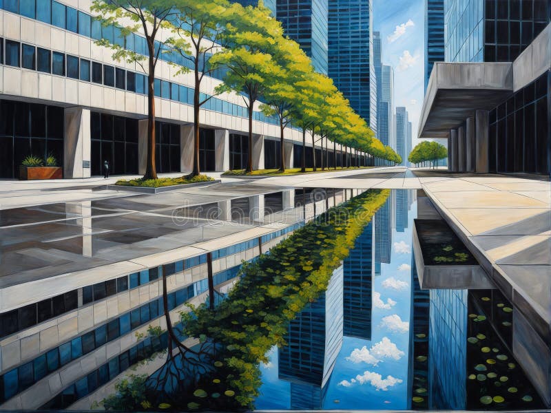 Modern Building with Reflection in the Water Stock Illustration ...