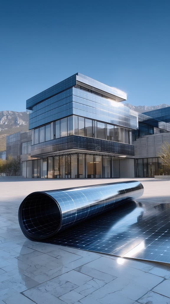Modern Building with Reflective Glass and Rolled Thin Solar Panel on ...