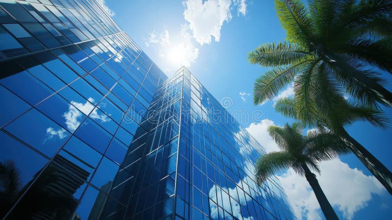 Modern Building Reflects Sky and Palm Trees with Tropical Vibes Stock ...