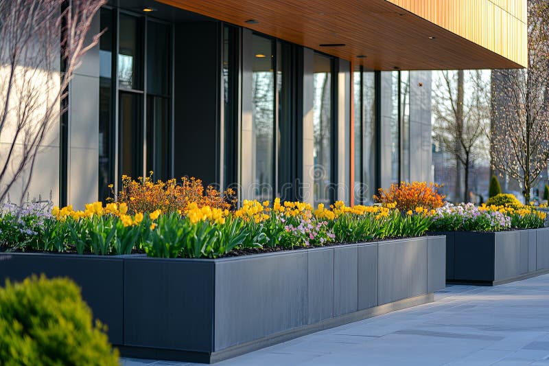 A Modern Building with a Row of Planters Filled with Fresh Spring Stock ...