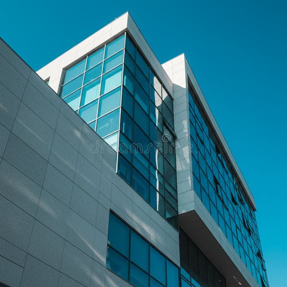 Modern Building with a Sleek, Angular Design Featuring Large Glass Windows Framed by Stock ...