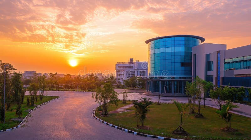 A Modern Building at Sunset, Surrounded by Greenery and a Winding Road ...