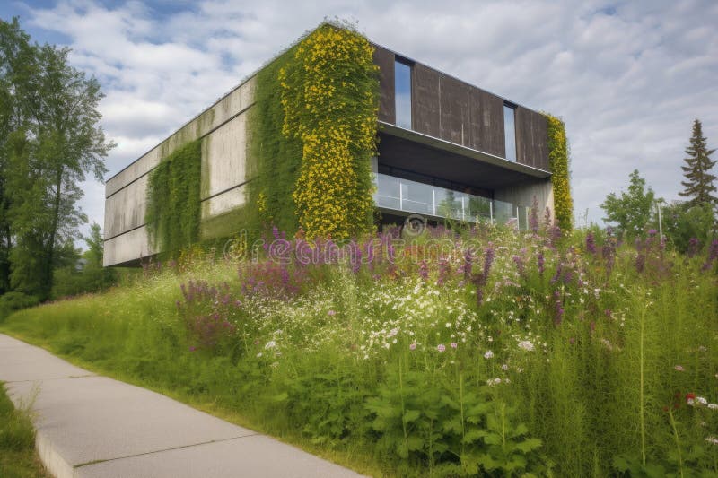 Modern Building, Surrounded by Blooming Flowerbeds and Greenery Stock ...
