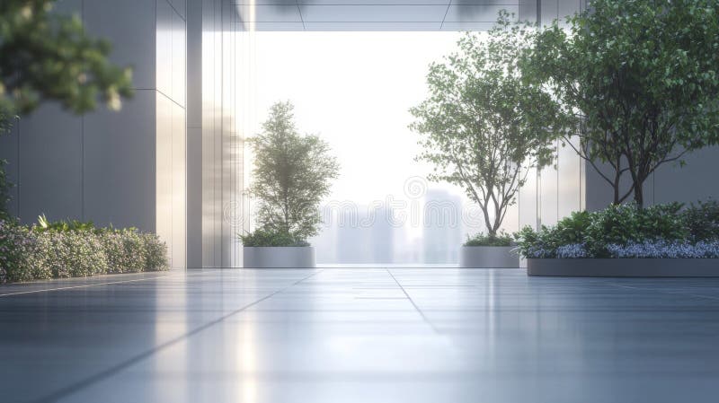 Modern Building Terrace with City View and Lush Greenery Stock ...