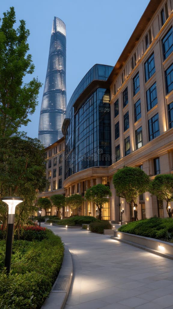 Modern Building and Tower View at Twilight Stock Image - Image of ...