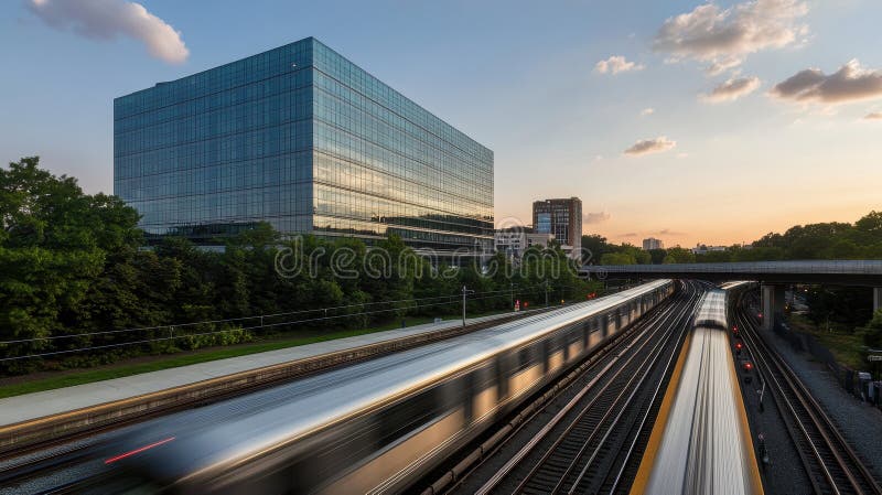 A Modern Building beside a Train Track at Sunset, Showcasing Urban ...