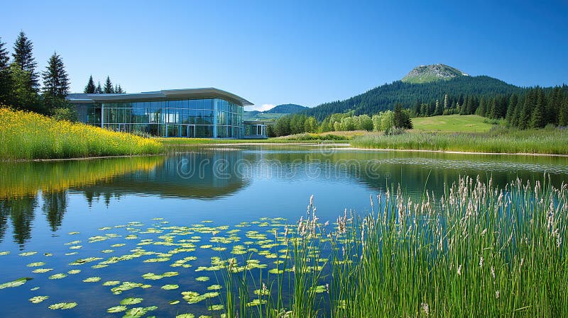 Modern Building by a Tranquil Pond in a Mountain Setting Stock ...