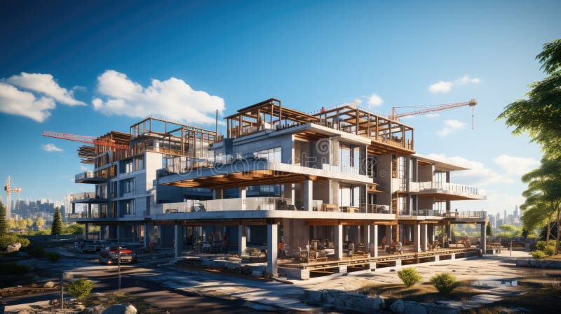 Modern Building Under Construction Against, Construction Work Site ...