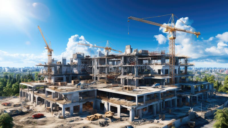 Modern Building Under Construction Against, Construction Work Site ...