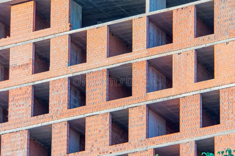 Modern Building Under Construction, Red-orange Brick Walls, Horizontal ...