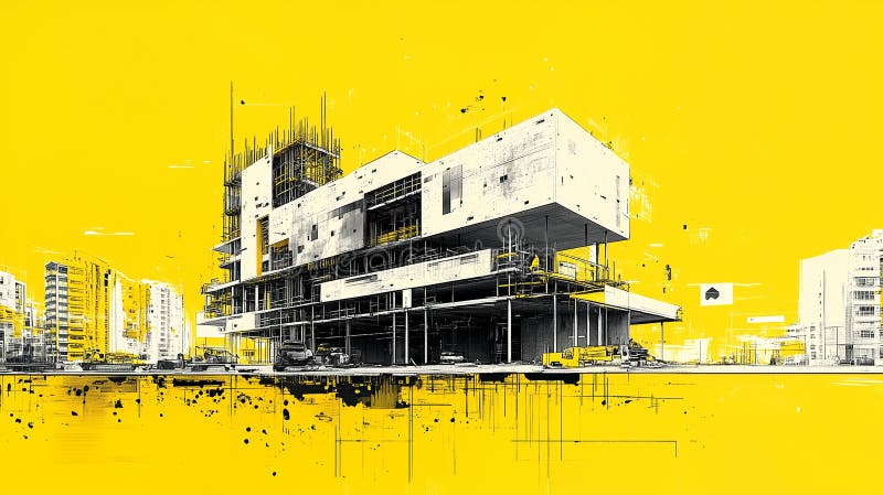 Modern Building Under Construction with Vibrant Yellow Background ...
