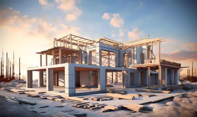 Modern Building Under Construction. Wooden Structure of the Building ...