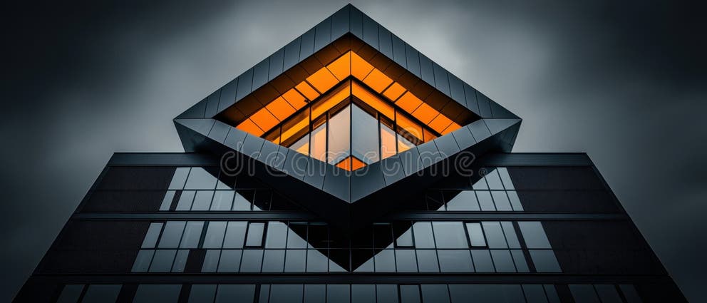 A Modern Building with a Unique Triangular Shape and Orange Lighting ...