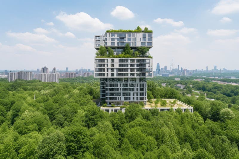 Modern Building, with View of the City Skyline, Surrounded by Greenery ...