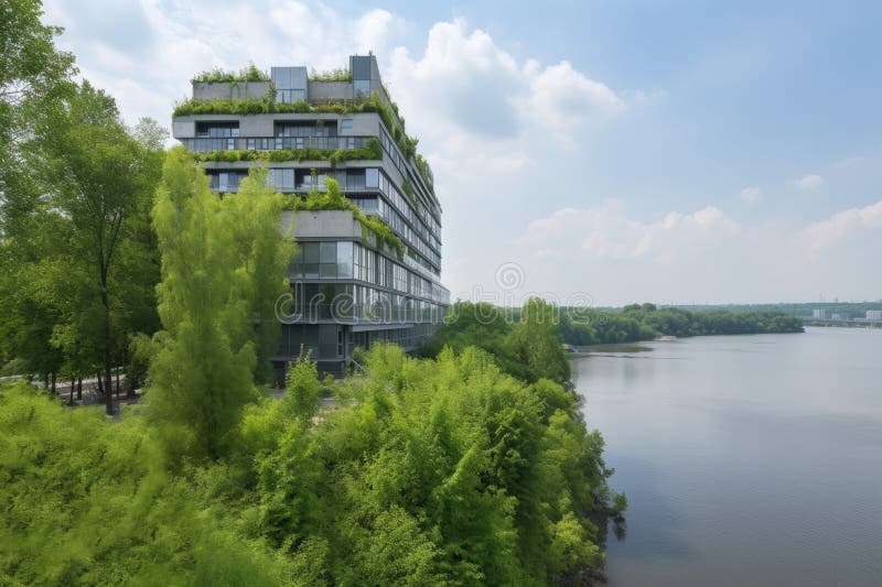 Modern Building, with View of the River or Bay, Surrounded by Lush ...
