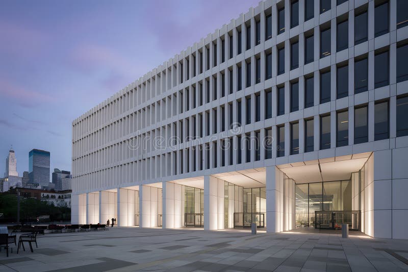 Modern Building with White Facade and Grid Pattern Overlooks City ...