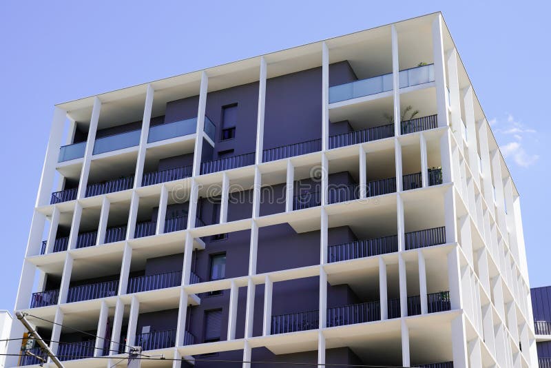 Modern Building White Square Facade with Balcony and Terrace on Sunny ...