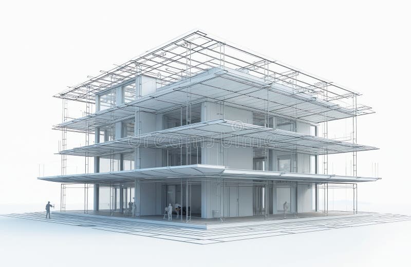 Modern Building Wireframe Model Shows Construction Blueprint Plan ...