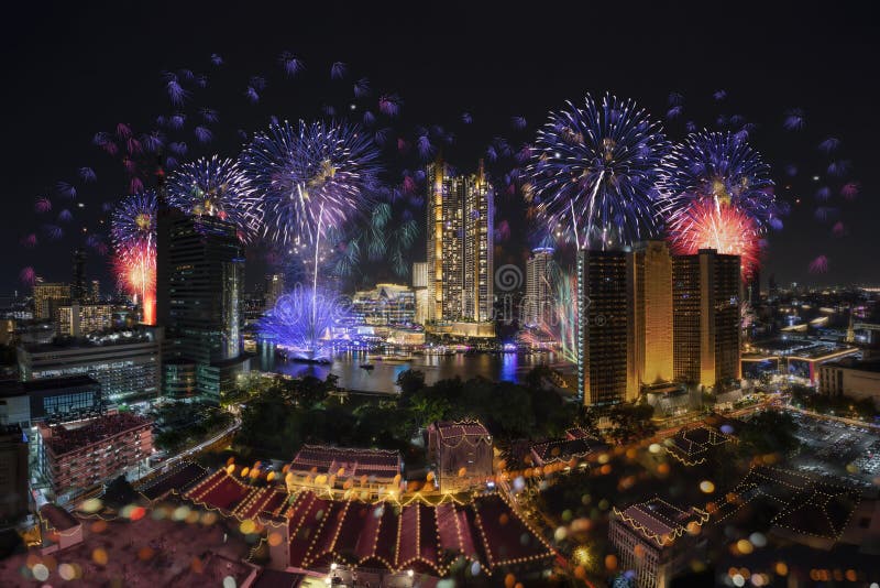 Modern Buildings in the City with Water Reflection, Firework, Light ...