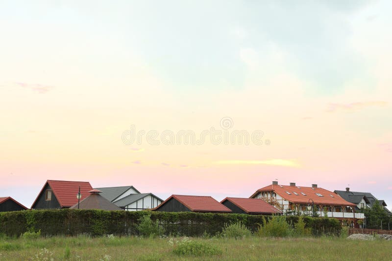 Modern Buildings with Different Roofs Outdoors on Spring Day Stock ...