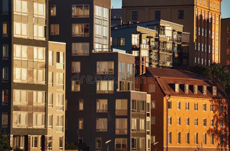 Modern Buildings in Evening Sunlight Stock Photo - Image of yellow ...