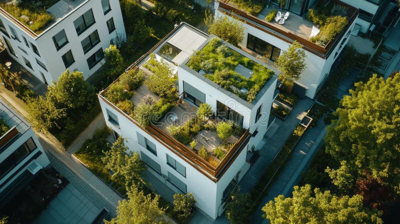 Modern Buildings Featuring Green Rooftops and Lush Landscaping Stock ...