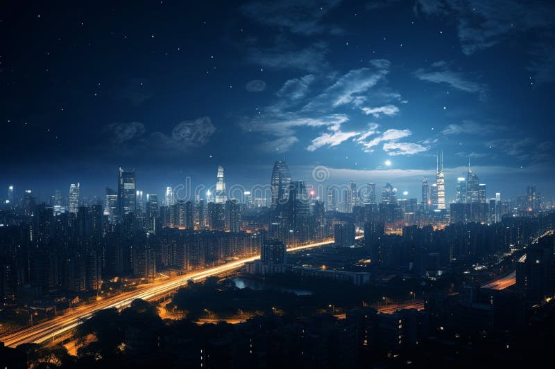 Modern Buildings Night View with Technology Network Connection Stock ...