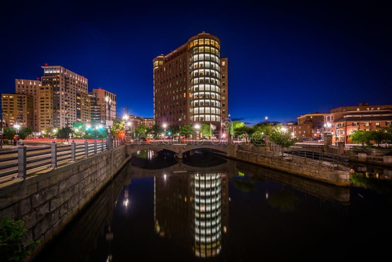Modern Buildings and the Providence River at Night, in Downtown Stock ...