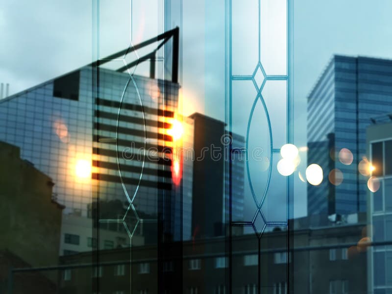 Modern Buildings on Sunset Reflection Sun Light Beam Street Lamp View ...