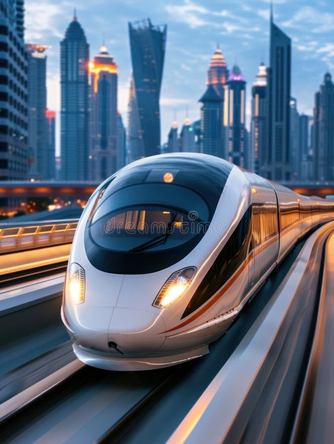 Modern Bullet Train on Elevated Track in Futuristic Cityscape at Dusk ...