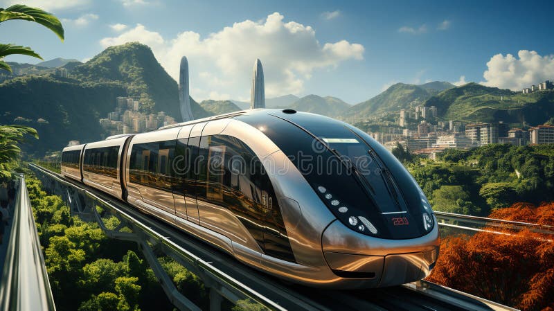 Modern Bullet Train Travel through Metro City Background Stock ...