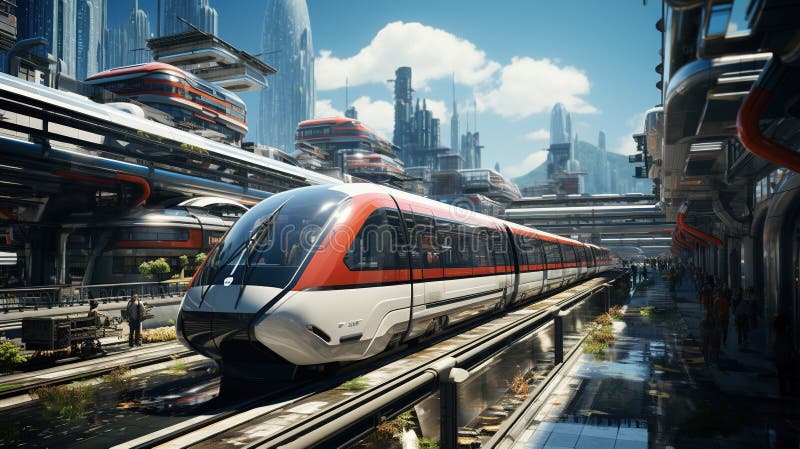 Modern Bullet Train Travel through Metro City Background Stock ...