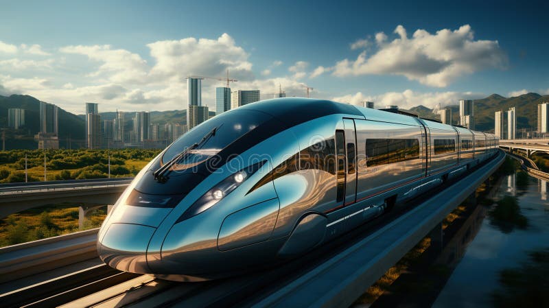 Modern Bullet Train Travel through Metro City Background Stock ...